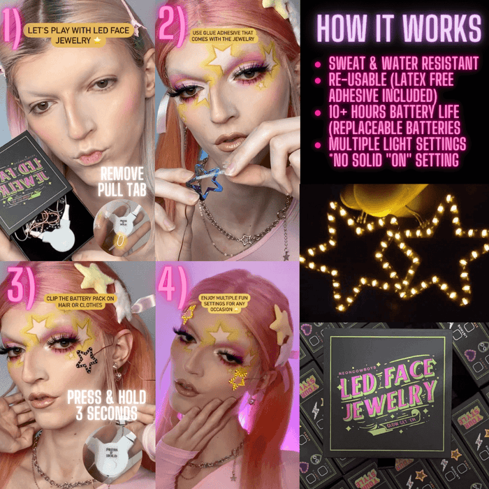Stars LED Face Jewelry | Light up Stickers for Skin | Neon Cowboys®
