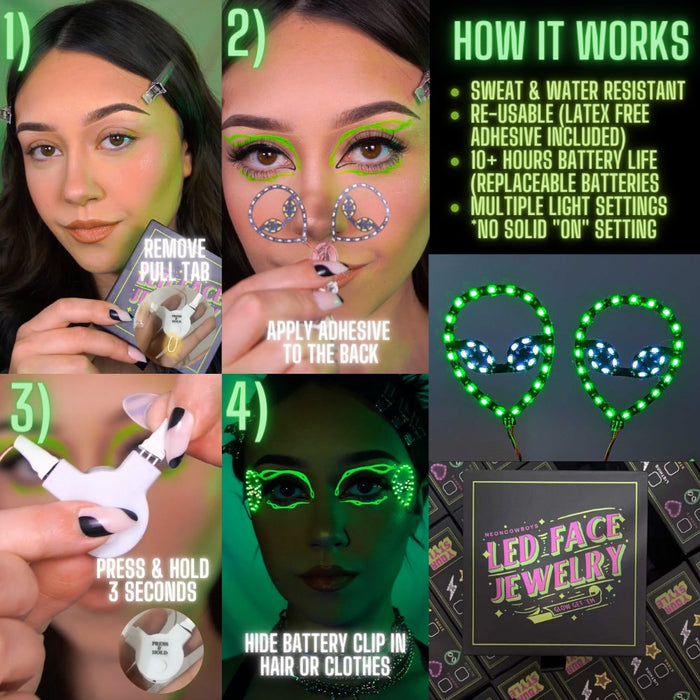 Alien LED Face Jewelry | Light up Stickers for Skin | Neon Cowboys®