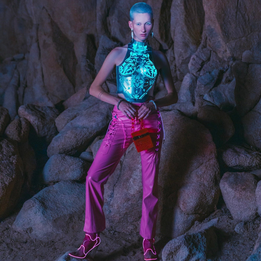 LED Leather Grommet Pants | Neon Cowboys Light Up Fashion